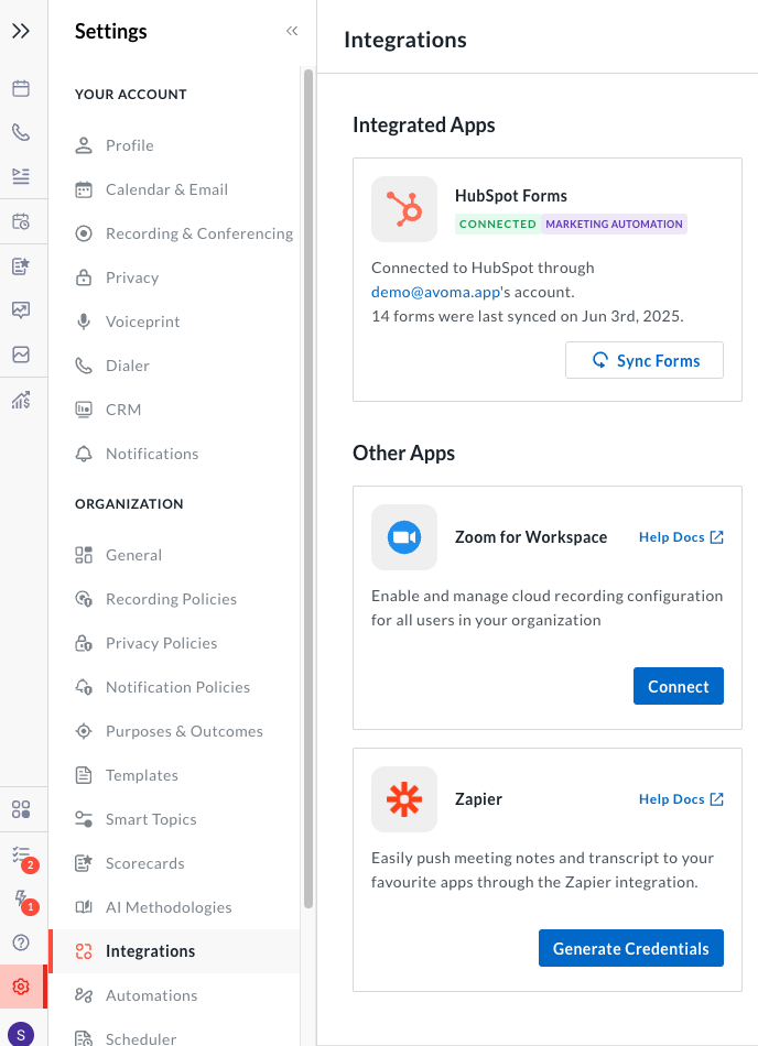 Zoom Integration - Workspace wide connection